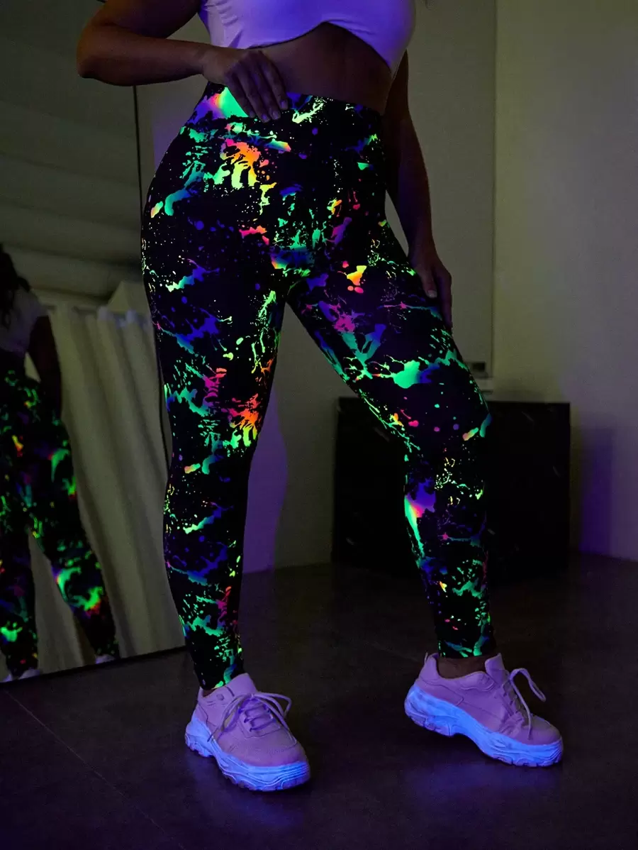 SHEIN EZwear Plus Reflective Splash Ink Print Leggings, Neon Glow Party ...