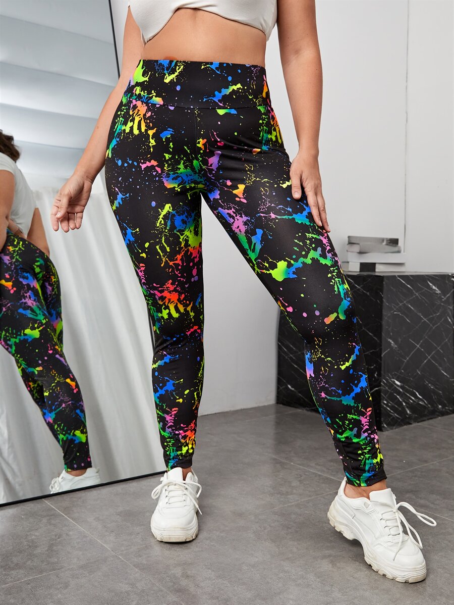 SHEIN EZwear Plus Reflective Splash Ink Print Leggings, Neon Glow Party ...