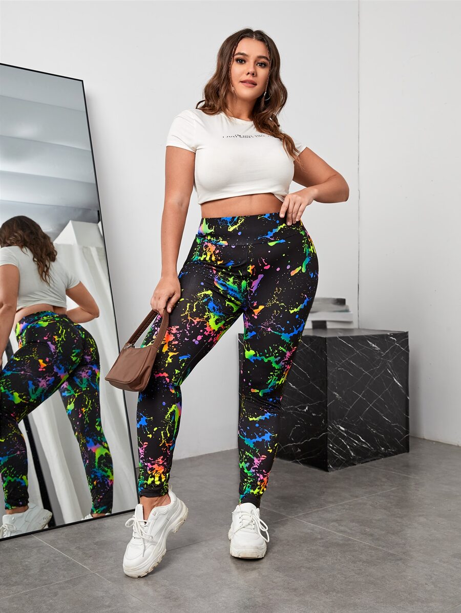 SHEIN EZwear Plus Reflective Splash Ink Print Leggings, Neon Glow Party ...