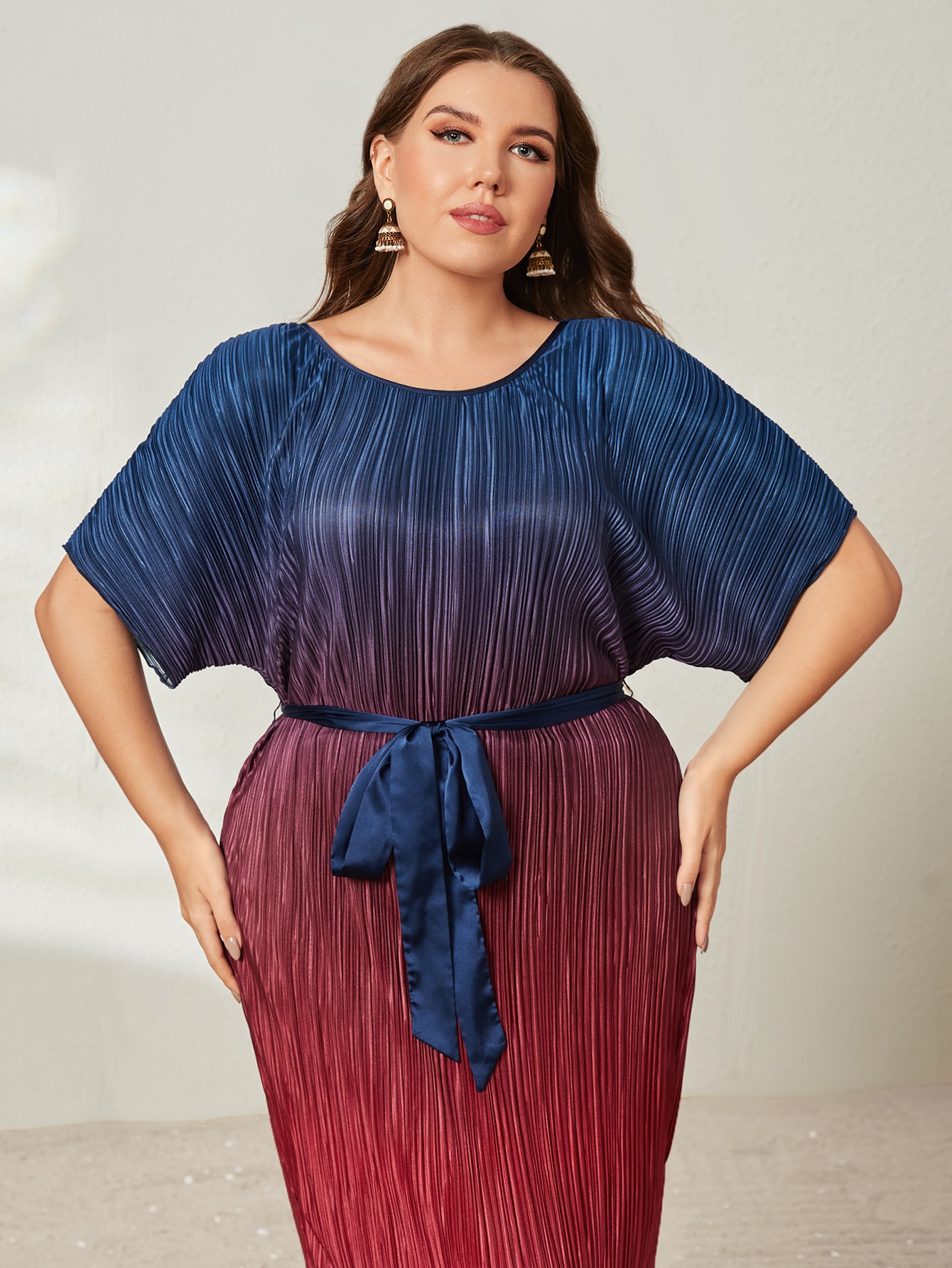 SHEIN Mulvari Plus Ombre Batwing Sleeve Belted Dress | SHEIN UK