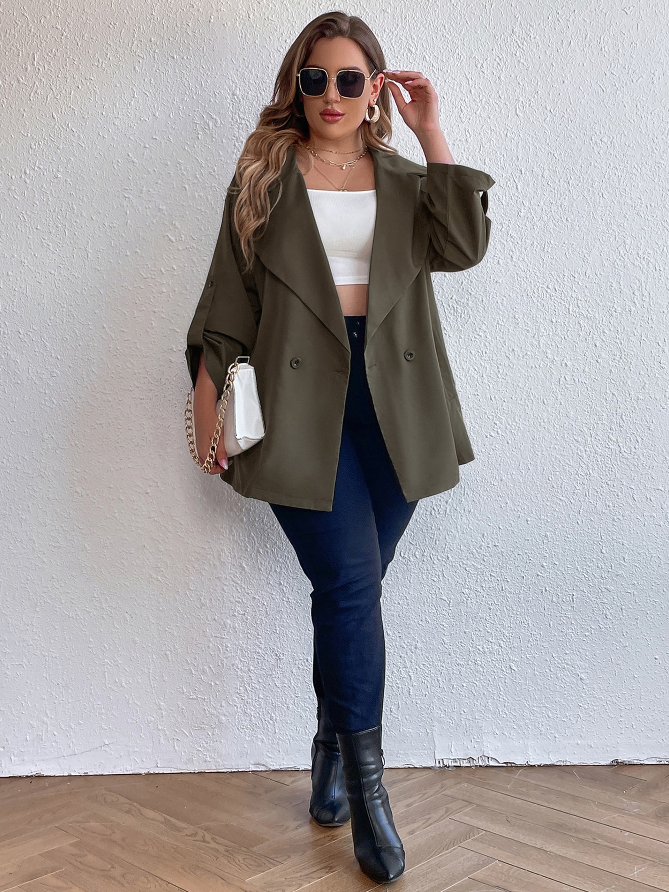 Shein Lune Plus Roll Tab Sleeve Double Breasted Trench Coat Shein Uk