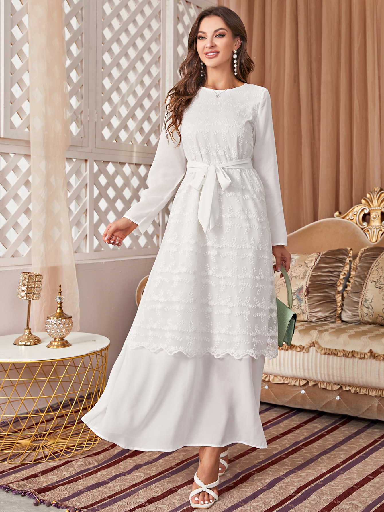 Contrast Floral Embroidery Mesh Belted Dress | SHEIN USA