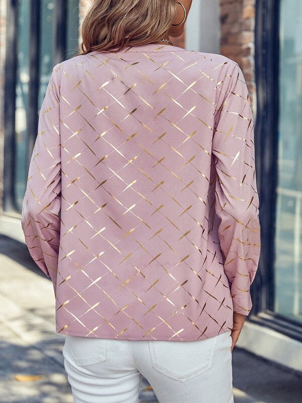 SHEIN LUNE Gold Plaid Print Notched Neck Blouse | SHEIN USA