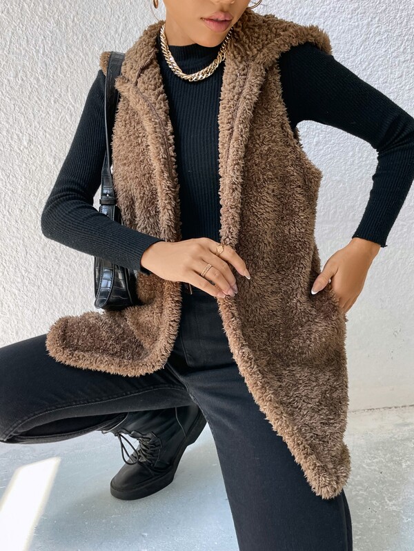 SHEIN LUNE Open Front Hooded Flannel Vest Coat | SHEIN USA