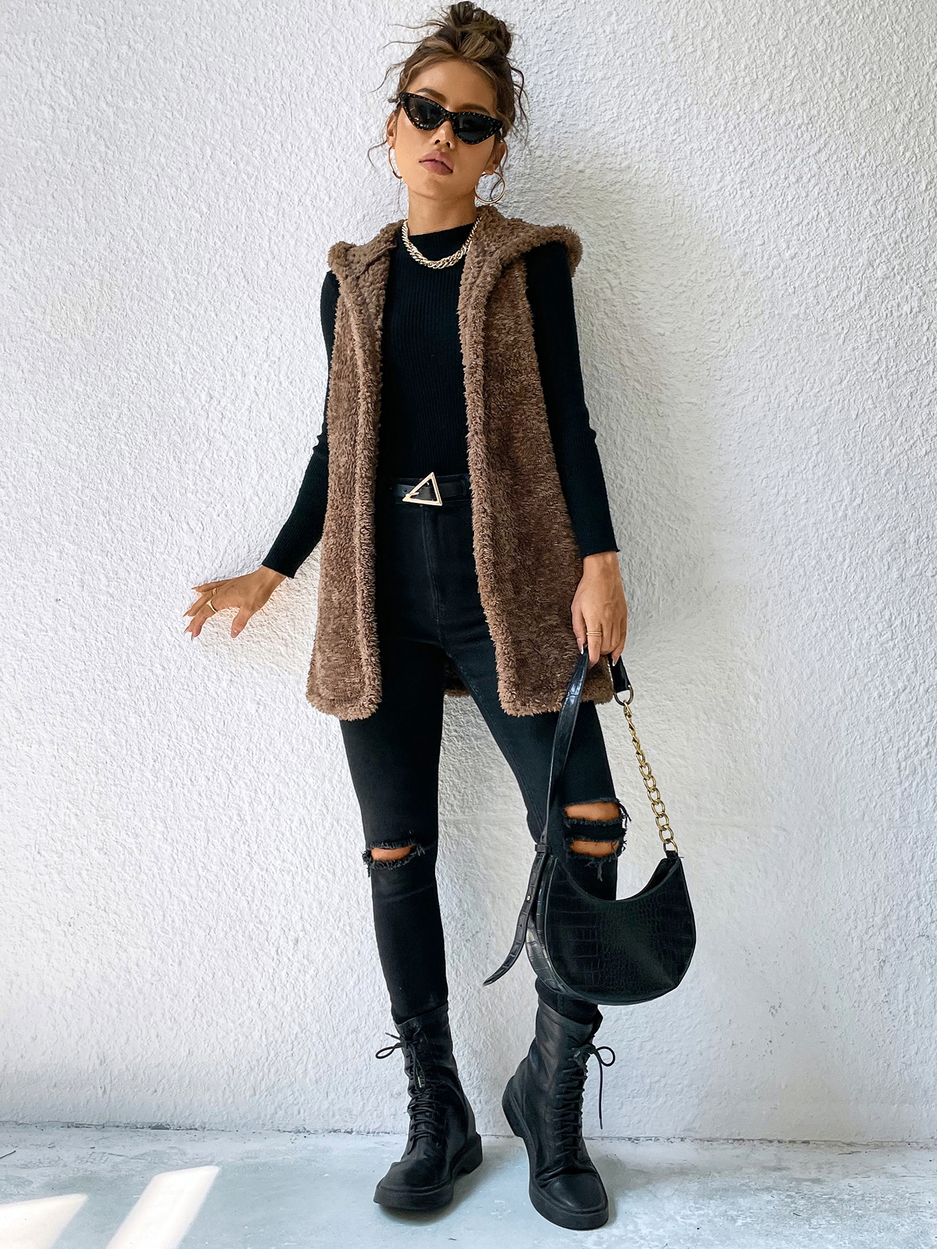 SHEIN LUNE Open Front Hooded Flannel Vest Coat | SHEIN USA