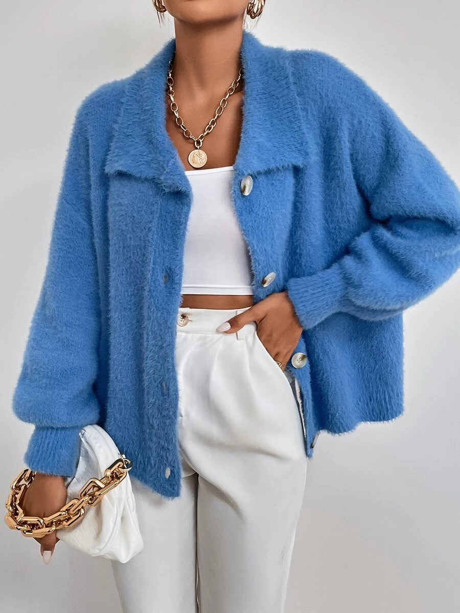 Chiquease Drop Shoulder Fuzzy Cardigan | SHEIN USA