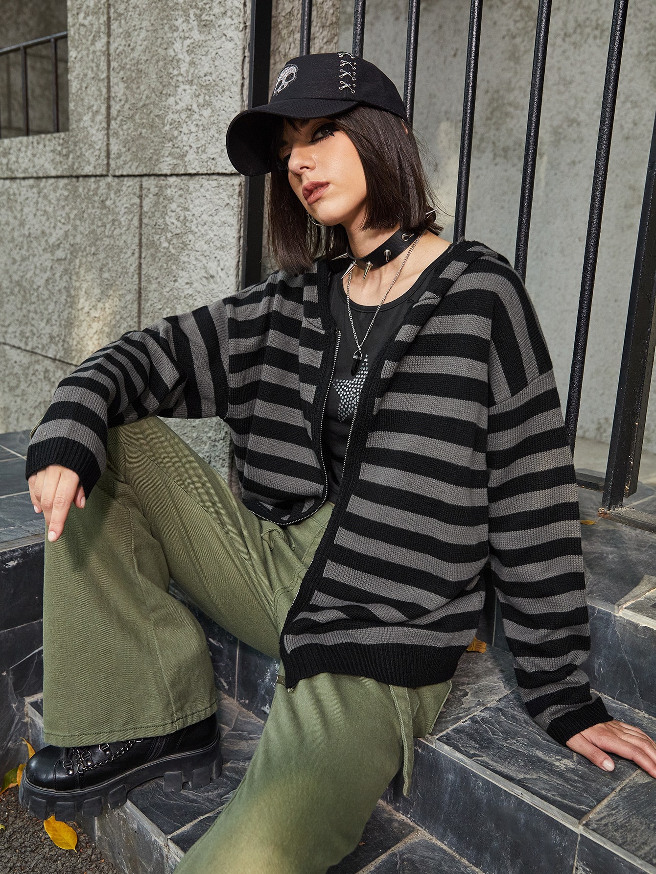 ROMWE Grunge Punk Striped Zip Up Cardigan | SHEIN USA