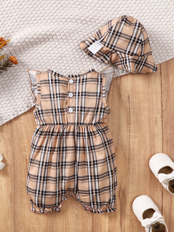 Baby Plaid Bow Front Ruffle Trim Romper With Hat | SHEIN USA