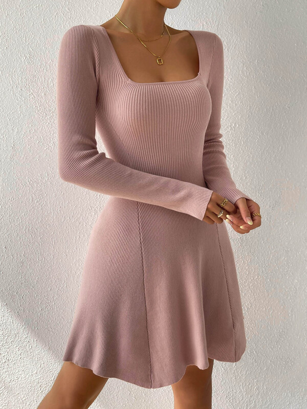 SHEIN Privé Square Neck Ribbed Knit Sweater Dress | SHEIN USA