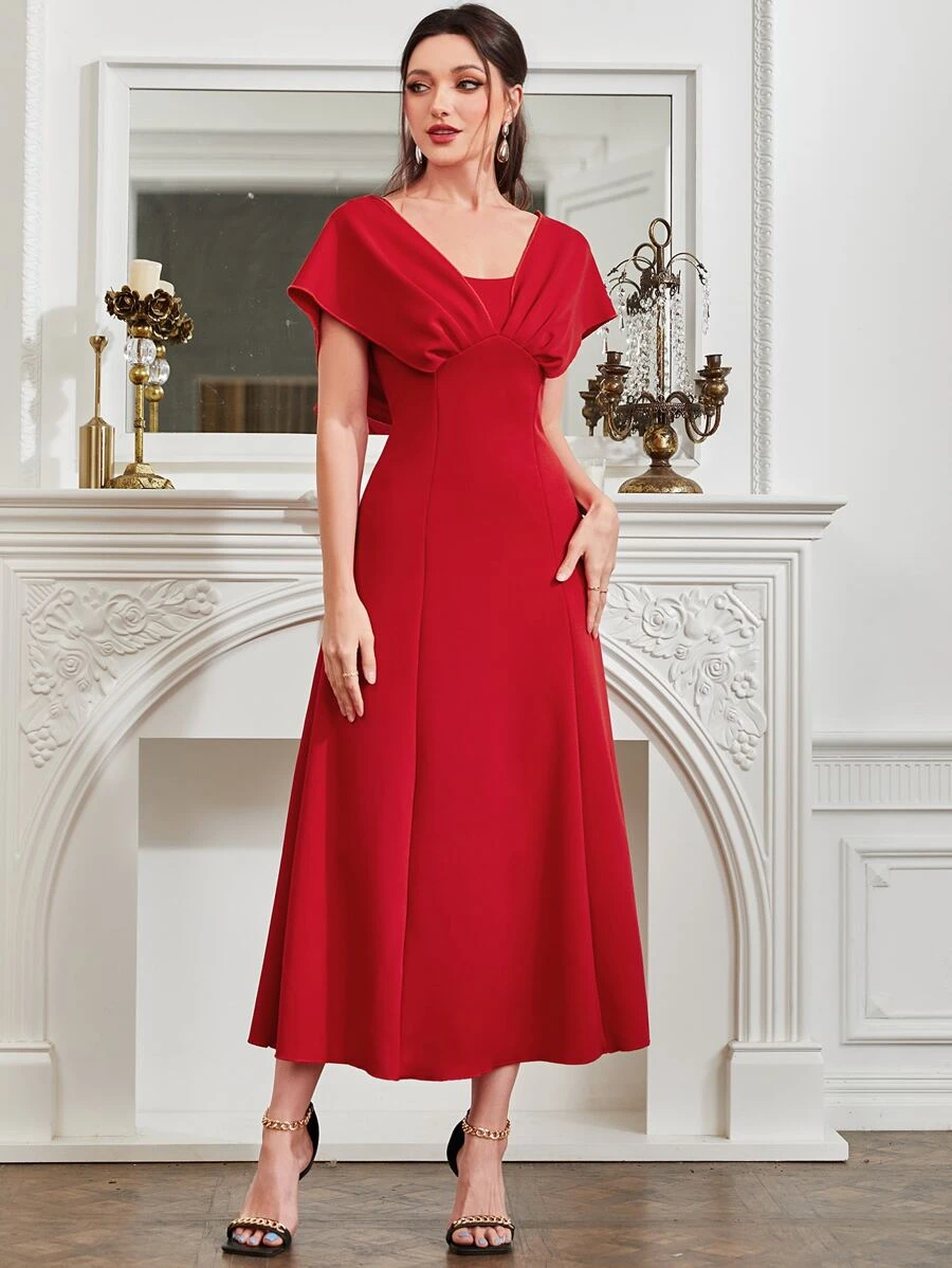 Modelyn Solid Fold Pleated Detail A-Line Dress Maxi Women Outfit Long ...