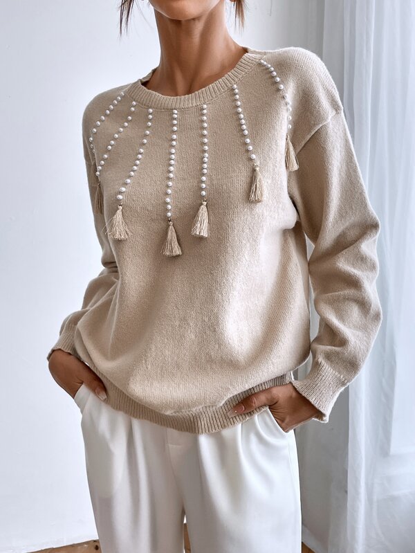 Shein Privé Pearls Beaded Tassel Trim Drop Shoulder Sweater Shein Usa