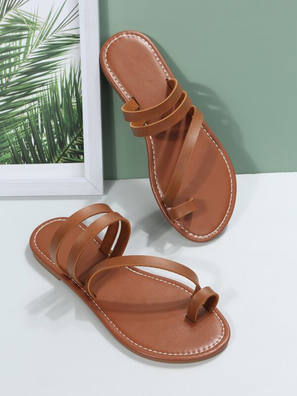 Fashion Brown Thong Sandals For Women, Toe Ring Design Thin Strap Sandals | SHEIN USA