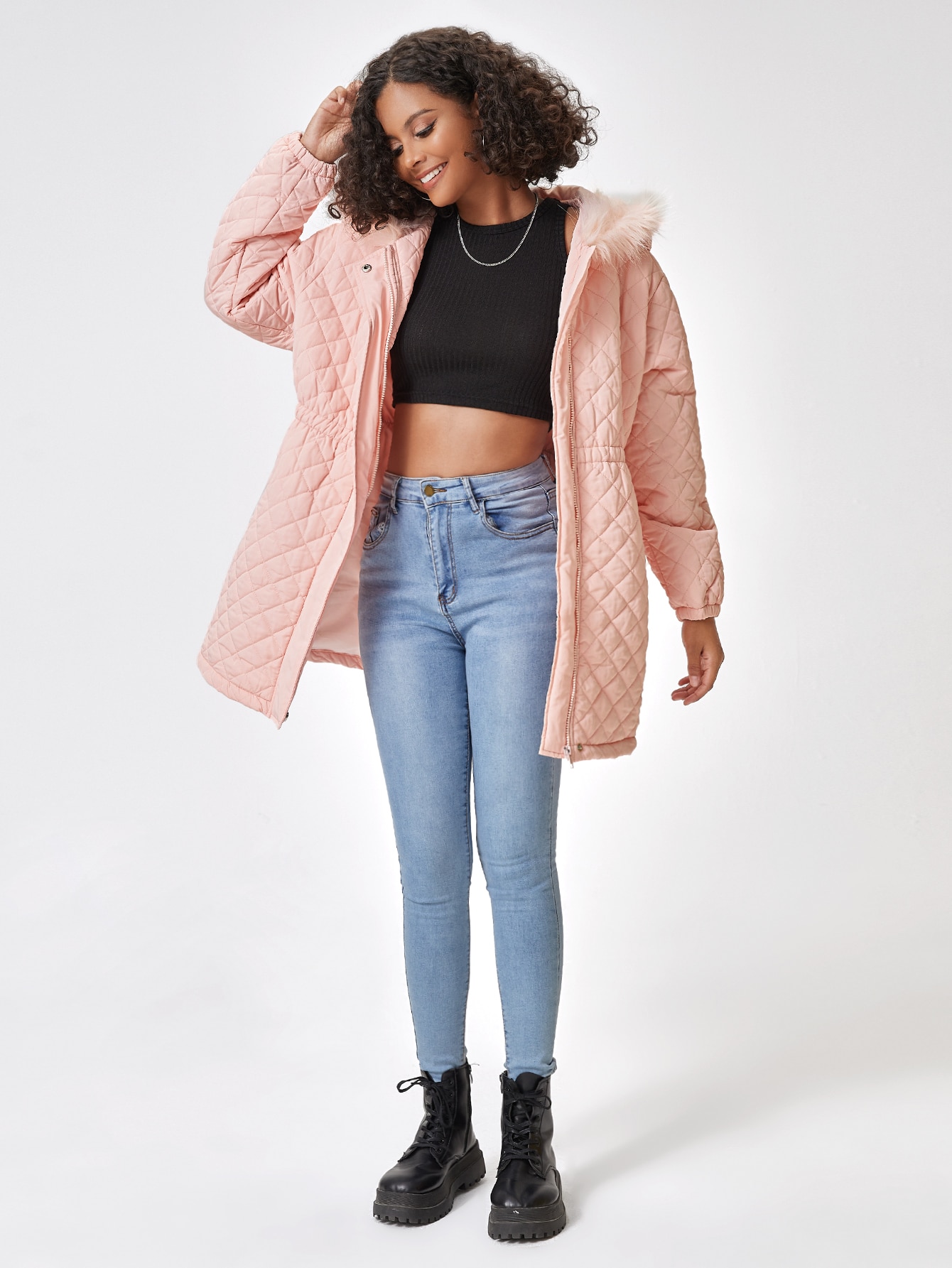 SHEIN X Jacqueline City Drop Shoulder Fuzzy Trim Hooded Quilted Coat ...