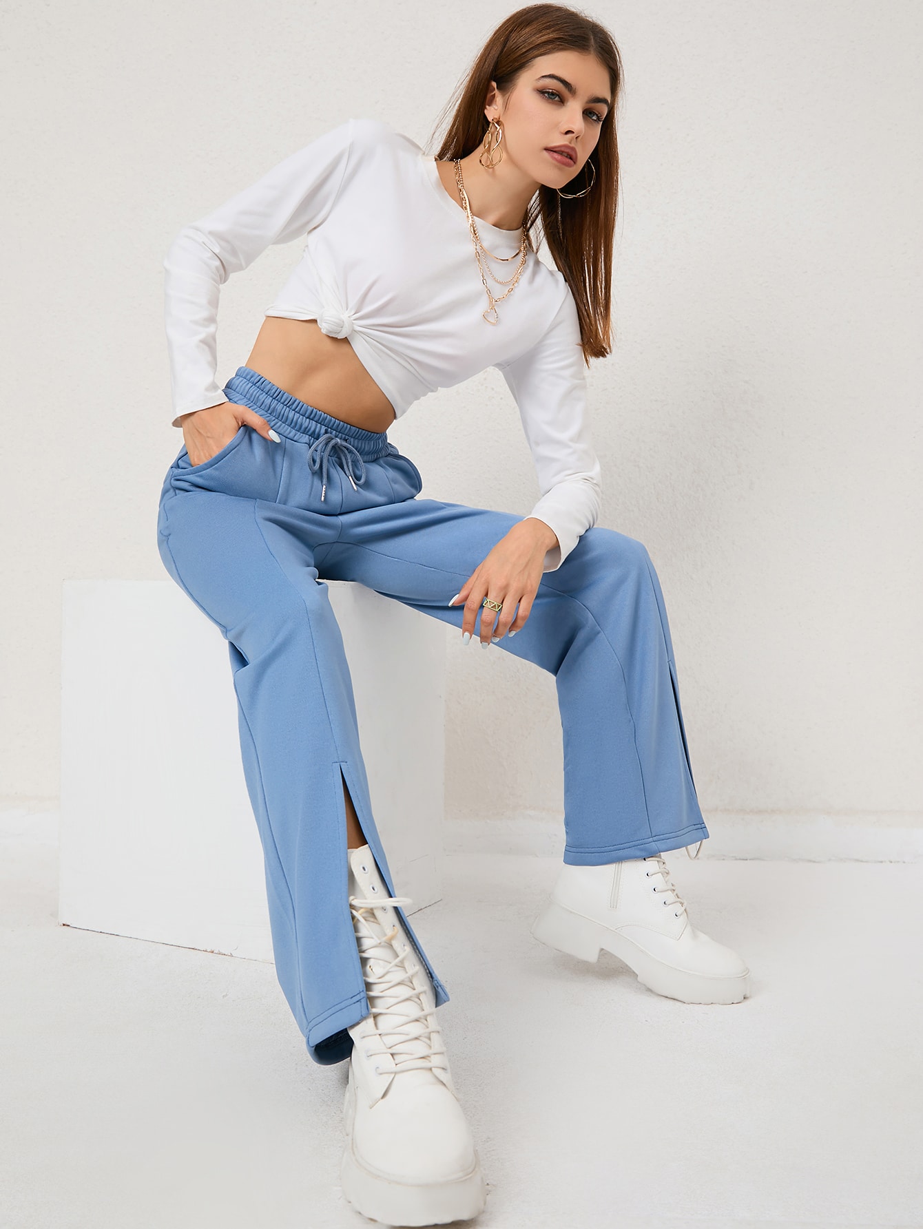 Split Hem Drawstring Waist Pants | SHEIN USA