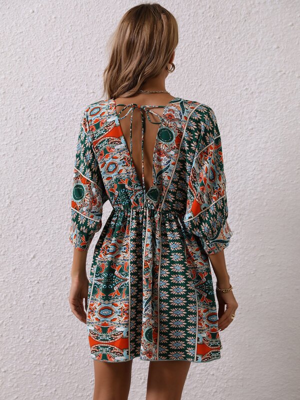 Shein Lune Graphic Print Tie Back Plunge Neck Batwing Sleeve Dress Shein Uk