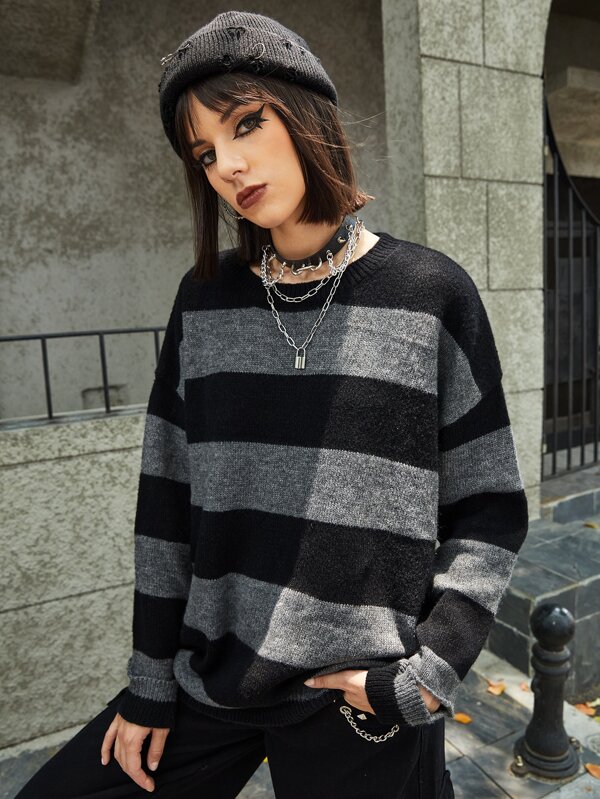 Grunge Punk Striped Distressed Sweater | SHEIN USA