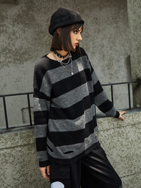 Grunge Punk Striped Distressed Sweater | SHEIN USA