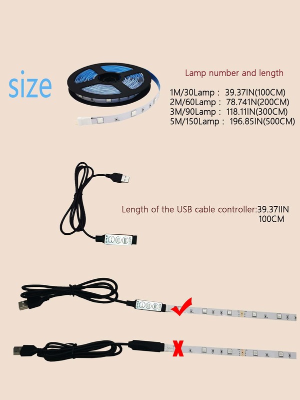 1pc Smart RGB Strip Light With 3 Control Buttons, 30/60/90/150 Leds ...