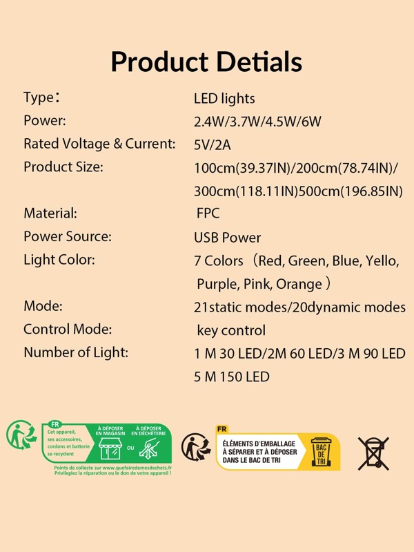 1pc Smart RGB Strip Light With 3 Control Buttons, 30/60/90/150 Leds ...