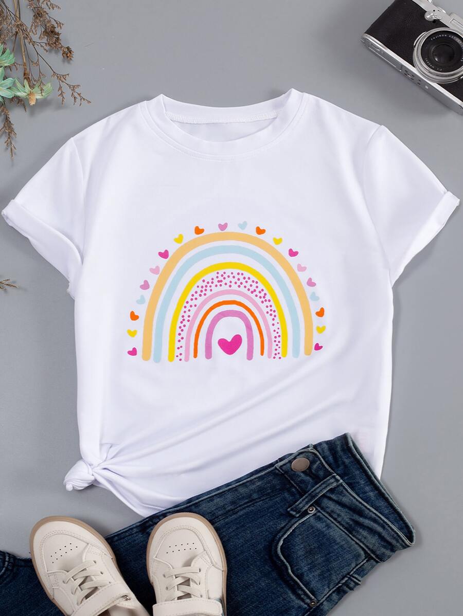 SHEIN Tween Girl Heart & Rainbow Print Tee | SHEIN USA