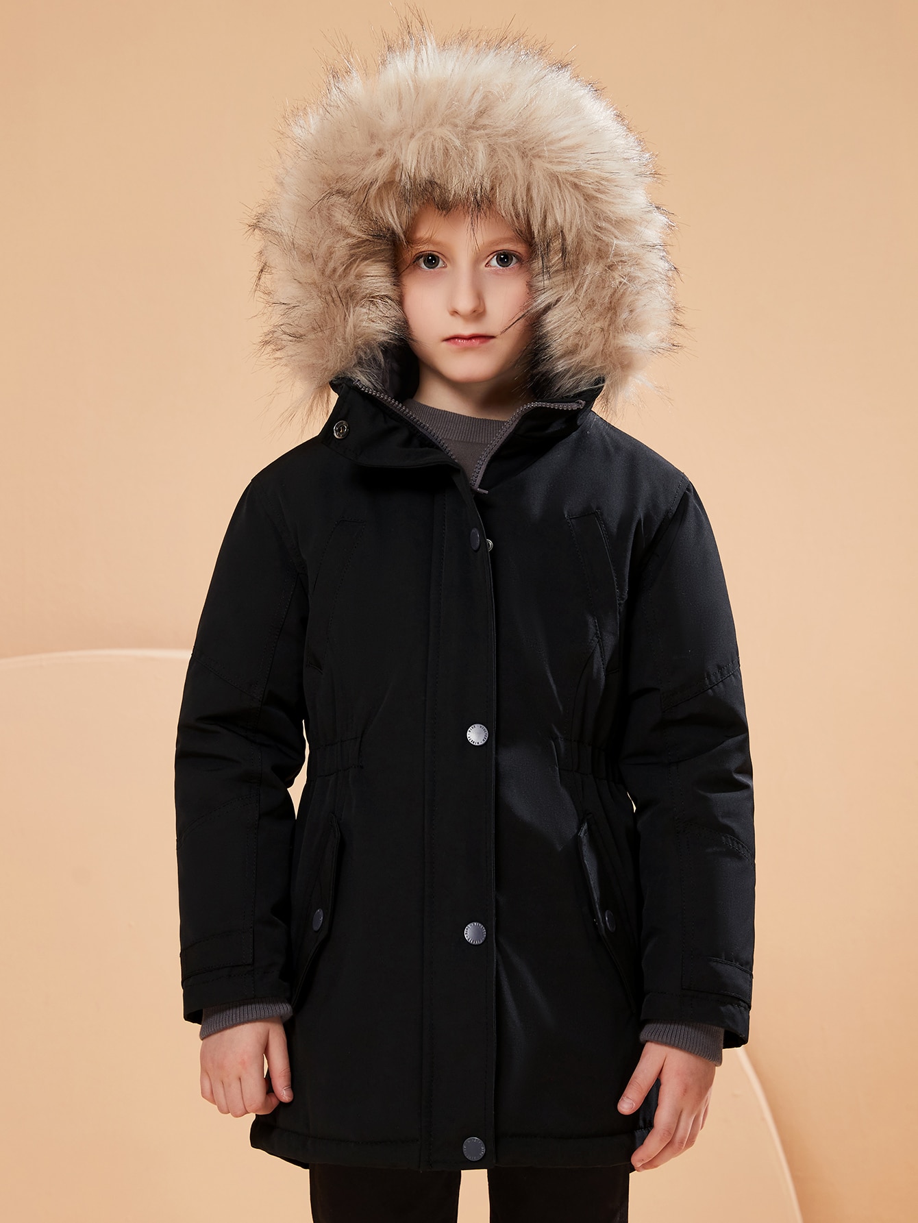 SOLOCOTE Girls Water Resistant Split Back Fuzzy Trim Heavyweight Hooded ...