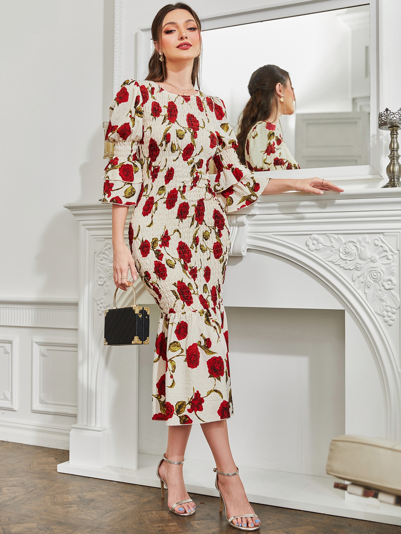 SHEIN Modely Floral Print Flounce Sleeve Shirred Dress | SHEIN USA