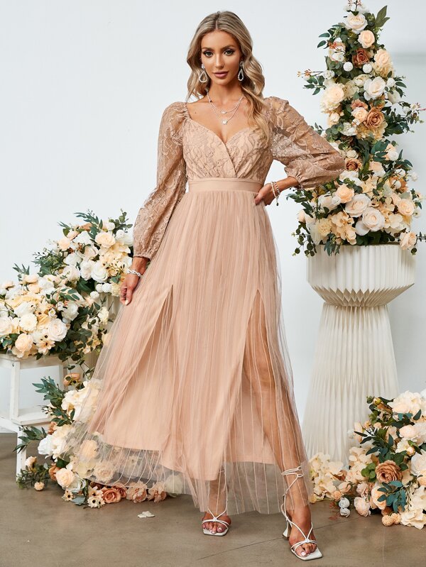 Simplee Contrast Lace Sweetheart Neck Split Thigh Mesh Dress Shein Uk