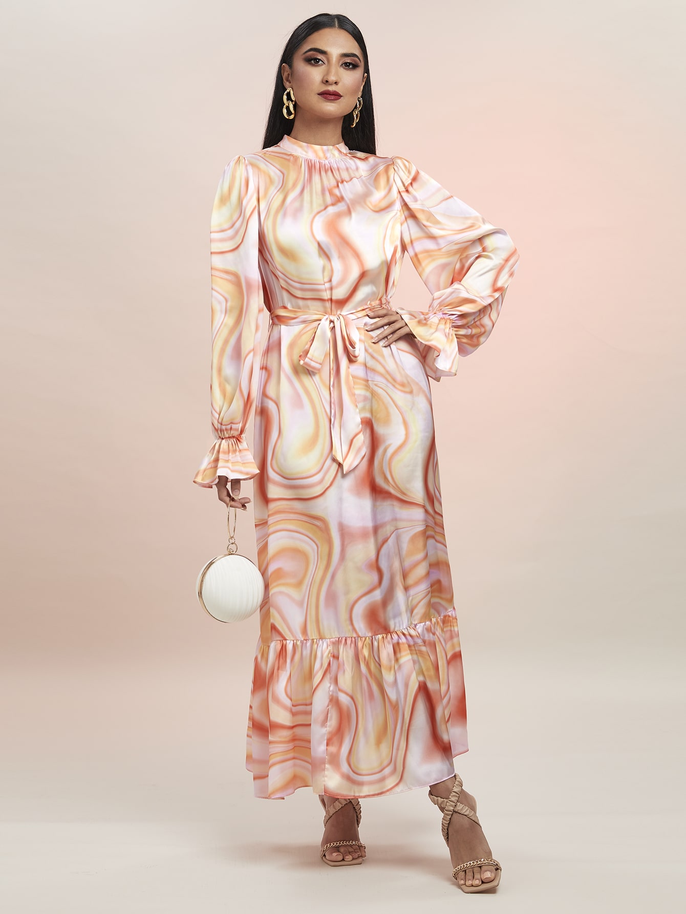 Shein Modely Marble Print Flounce Sleeve Ruffle Hem Belted Dress Shein Uk