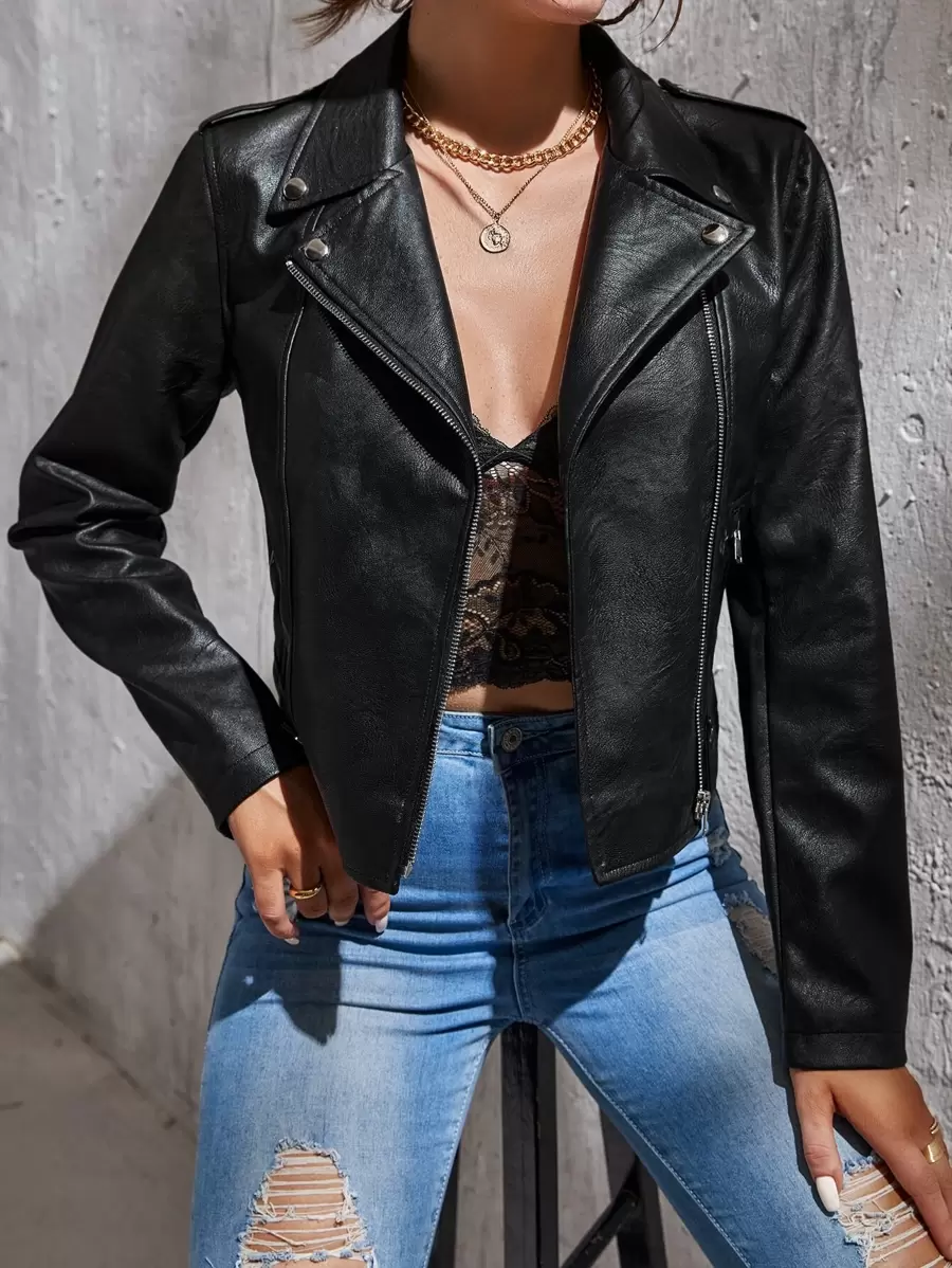 SHEIN Tall Zip Up PU Moto Jacket In Fall/Winter | SHEIN USA