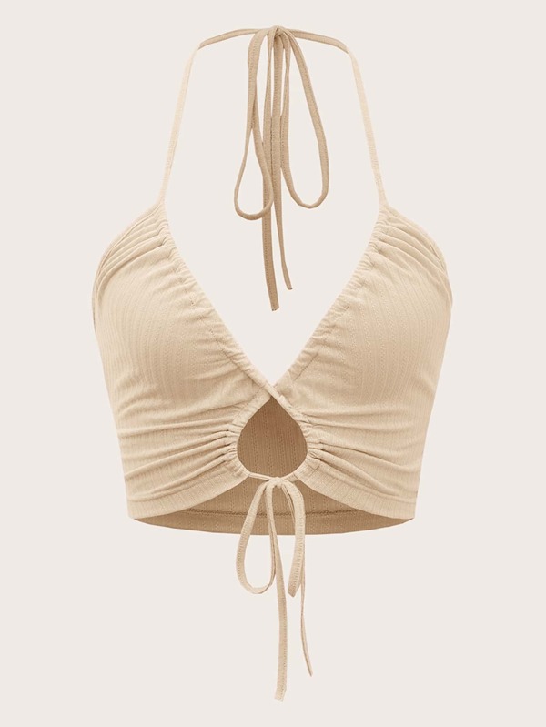 SHEIN ICON Cut Out Drawstring Tie Backless Crop Halter Top | SHEIN USA