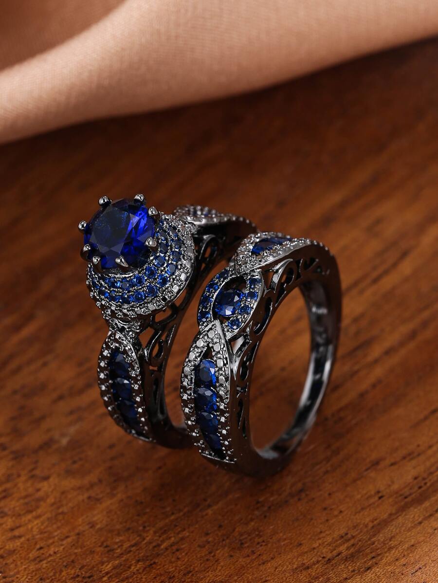 2pcs Cubic Zirconia Decor Ring 2pcs Stone Round Engagement Wedding ...