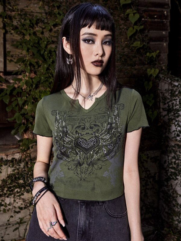 Goth Heart & Wings Print Notched Neck Tee | SHEIN USA