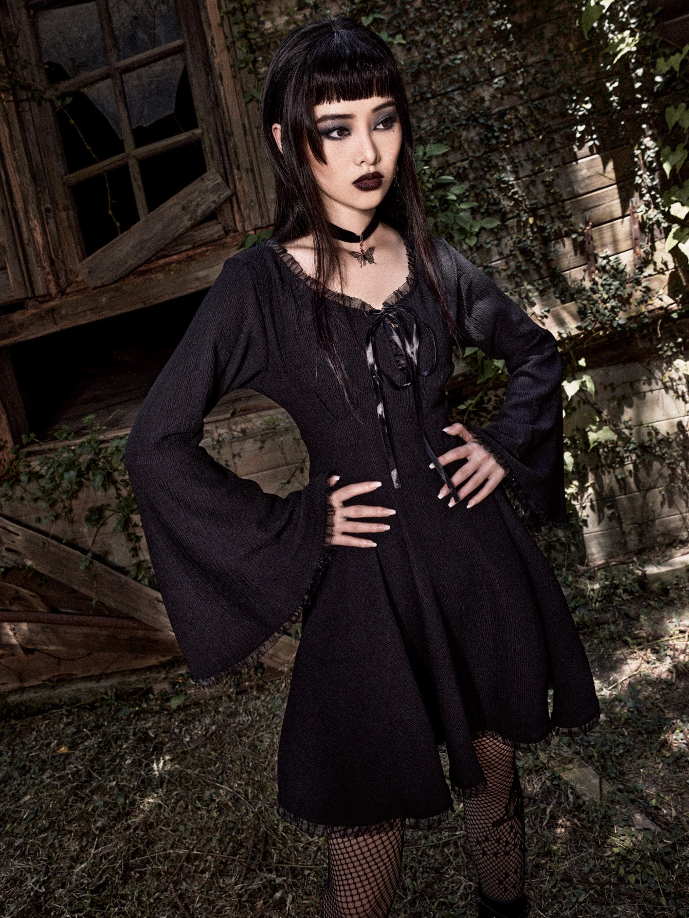 Goth Solid Tie Front Flounce Sleeve Dress | SHEIN UK