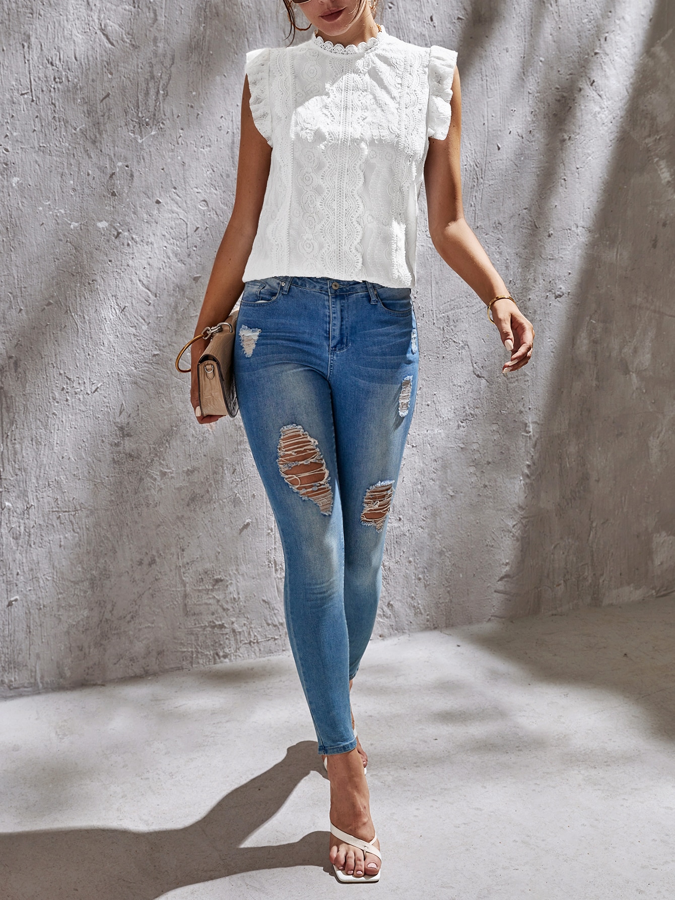 SHEIN Tall Eyelet Embroidery Ruffle Trim Blouse | SHEIN UK