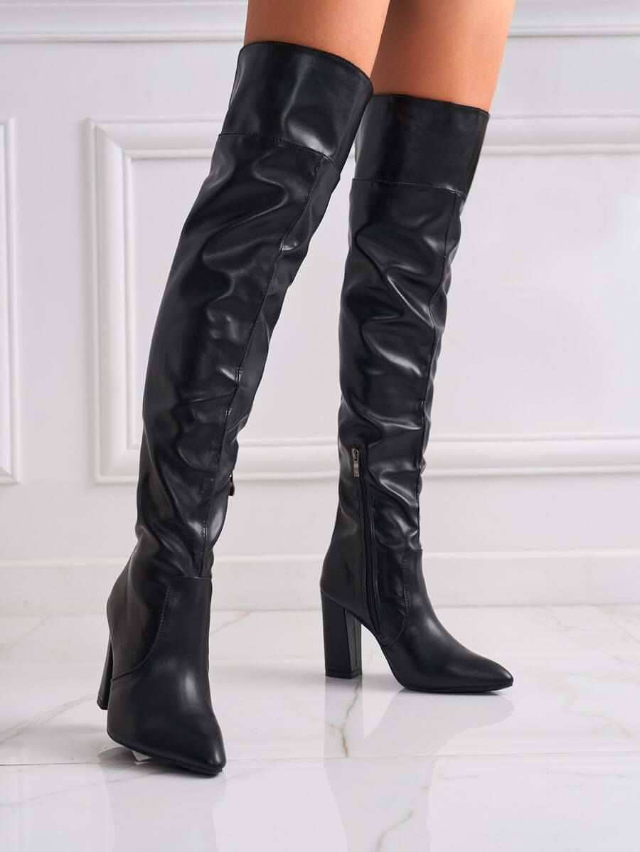 Zipper Side Point Toe Chunky Heeled Slouchy Boots, Women's Fashionable ...