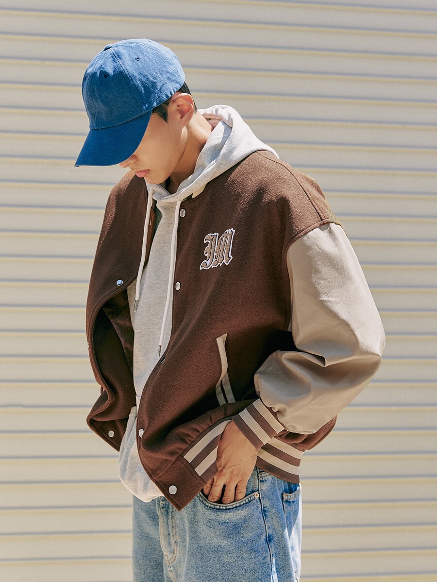 DAZY Men Letter Graphic Color Block Drop Shoulder Wool-Mix Varsity ...