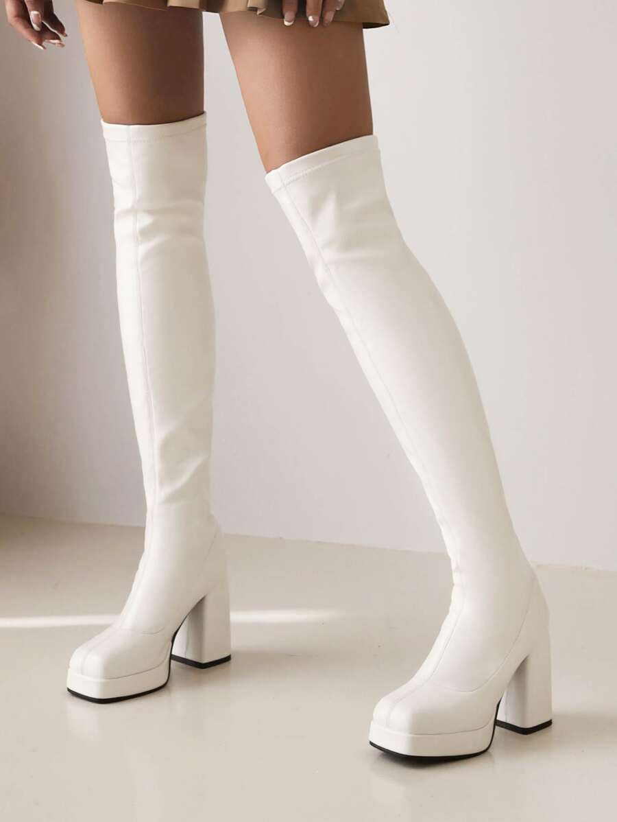 Square Toe Platform Chunky Heeled Sock Boots | SHEIN USA