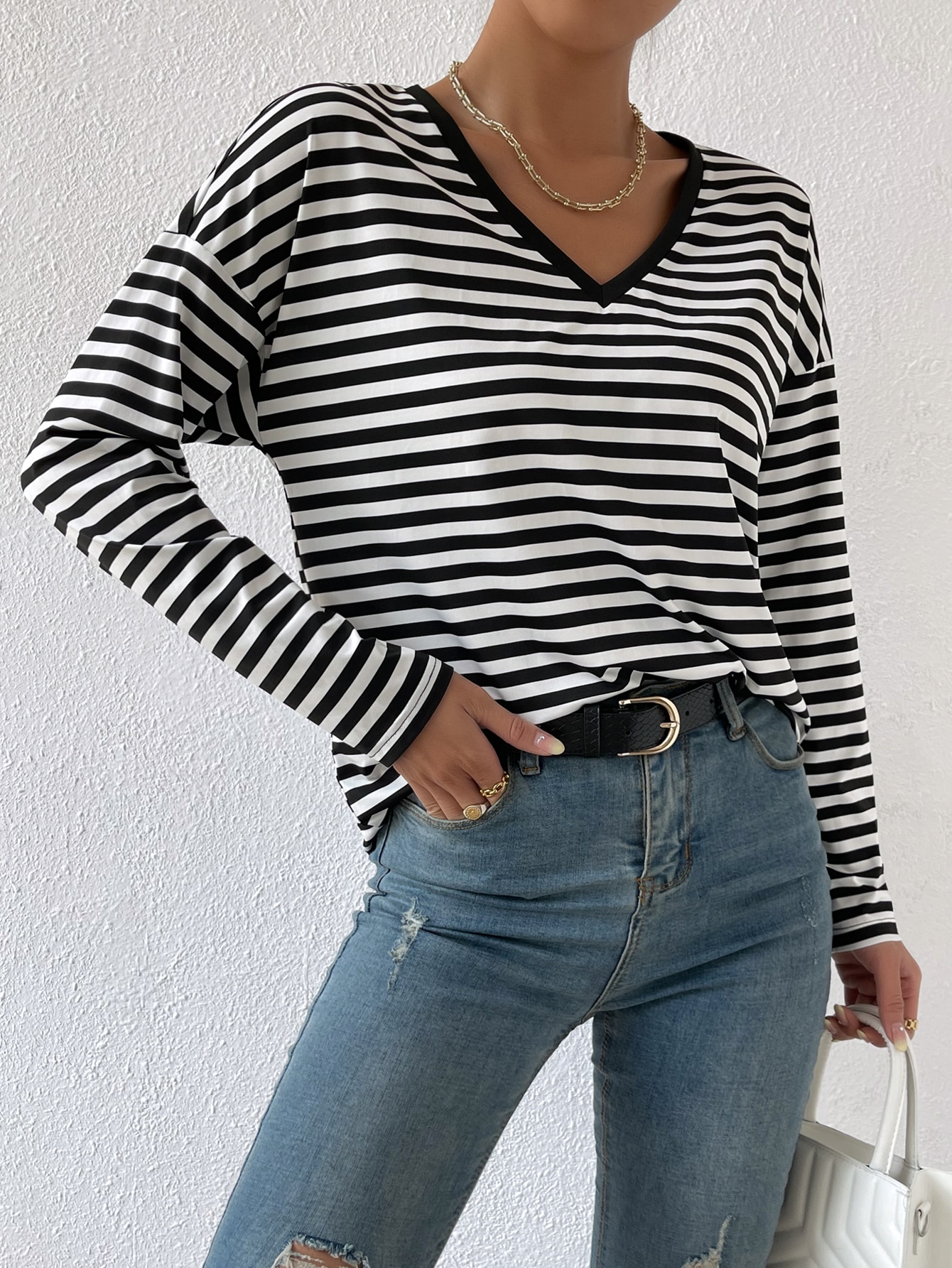 SHEIN LUNE Striped Print V Neck Tee | SHEIN USA
