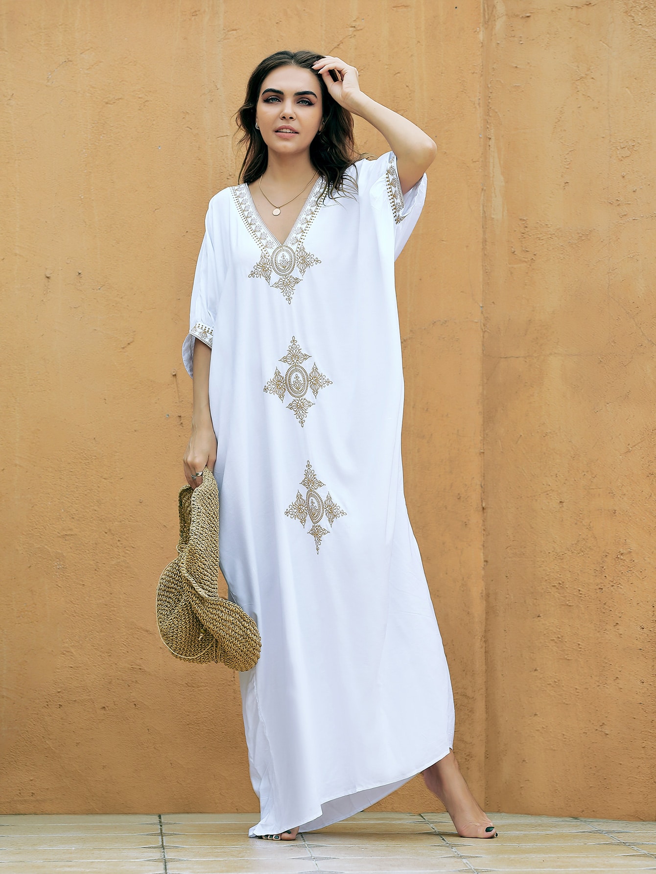 White Floral Embroidered Kaftan Dolman Sleeve Kaftans Dress | SHEIN USA