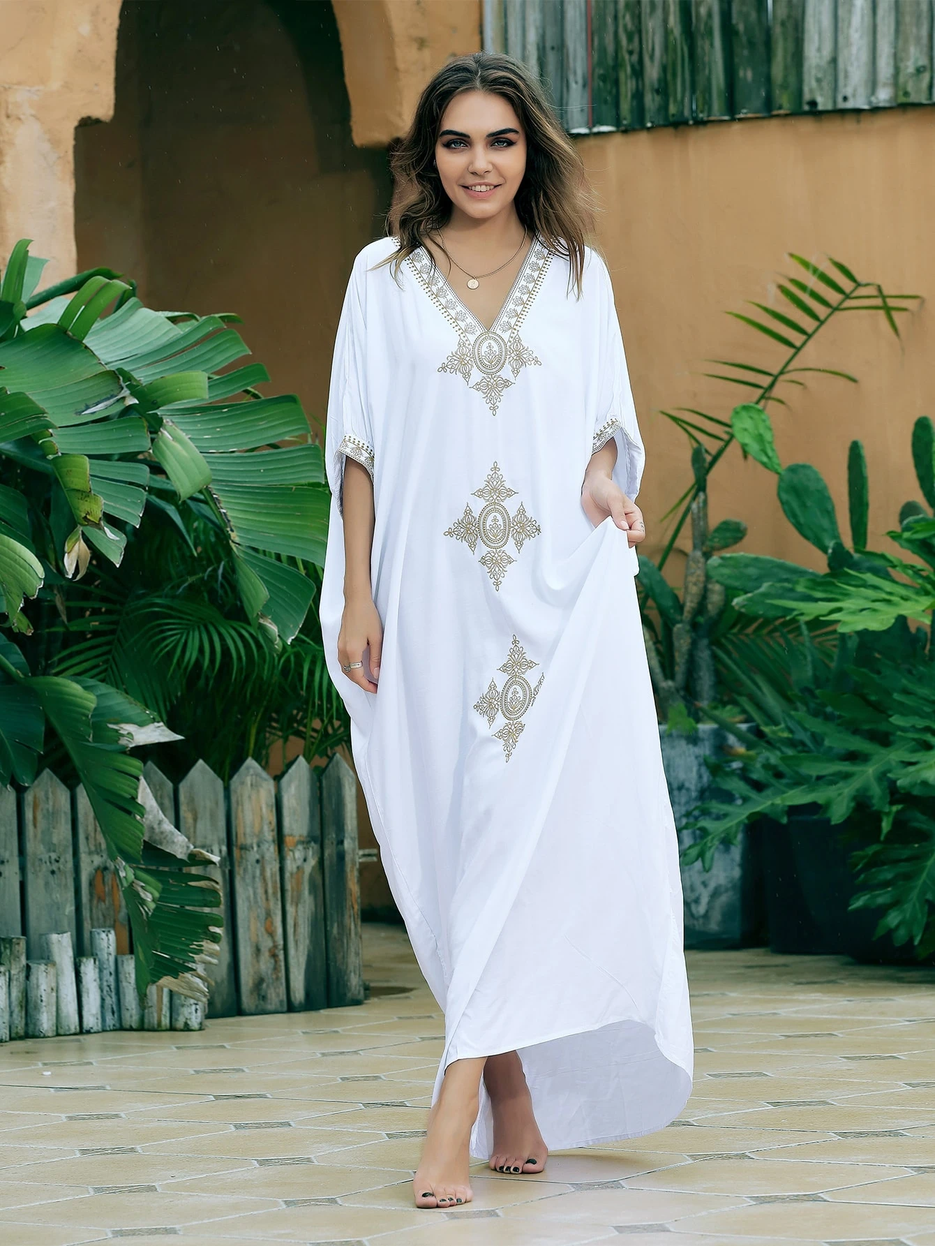White Floral Embroidered Kaftan Dolman Sleeve Kaftans Dress | SHEIN USA