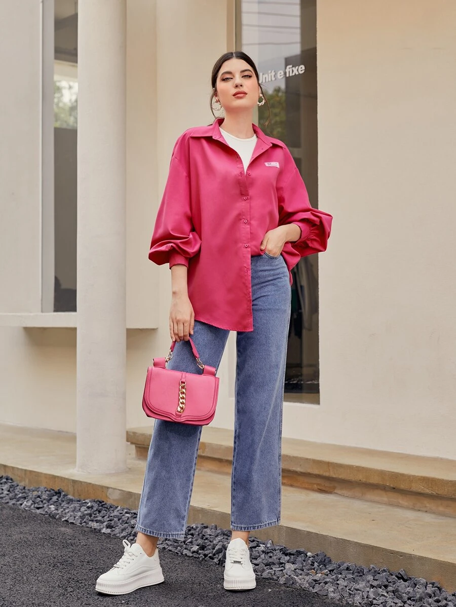 Mulvari Lantern Sleeve Solid Shirt | SHEIN USA