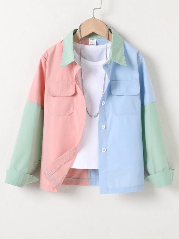 SHEIN Kids EVRYDAY Girls Colorblock Flap Pocket Shirt | SHEIN USA