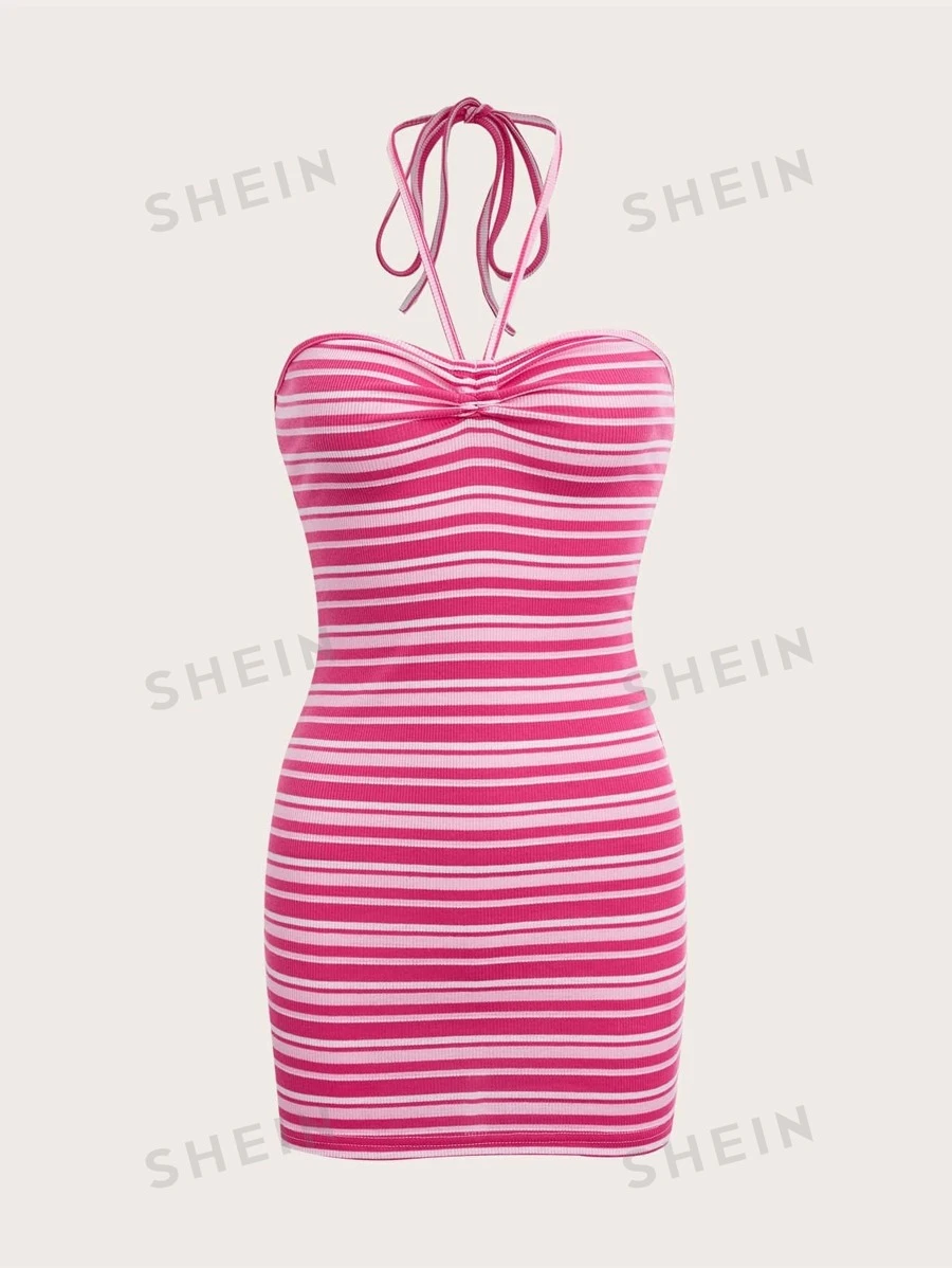 SHEIN ICON Striped Print Halter Neck Backless Bodycon Dress | SHEIN UK