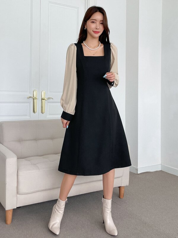 DAZY Vestidos Manga contraste Gola Quadrada | SHEIN Brasil