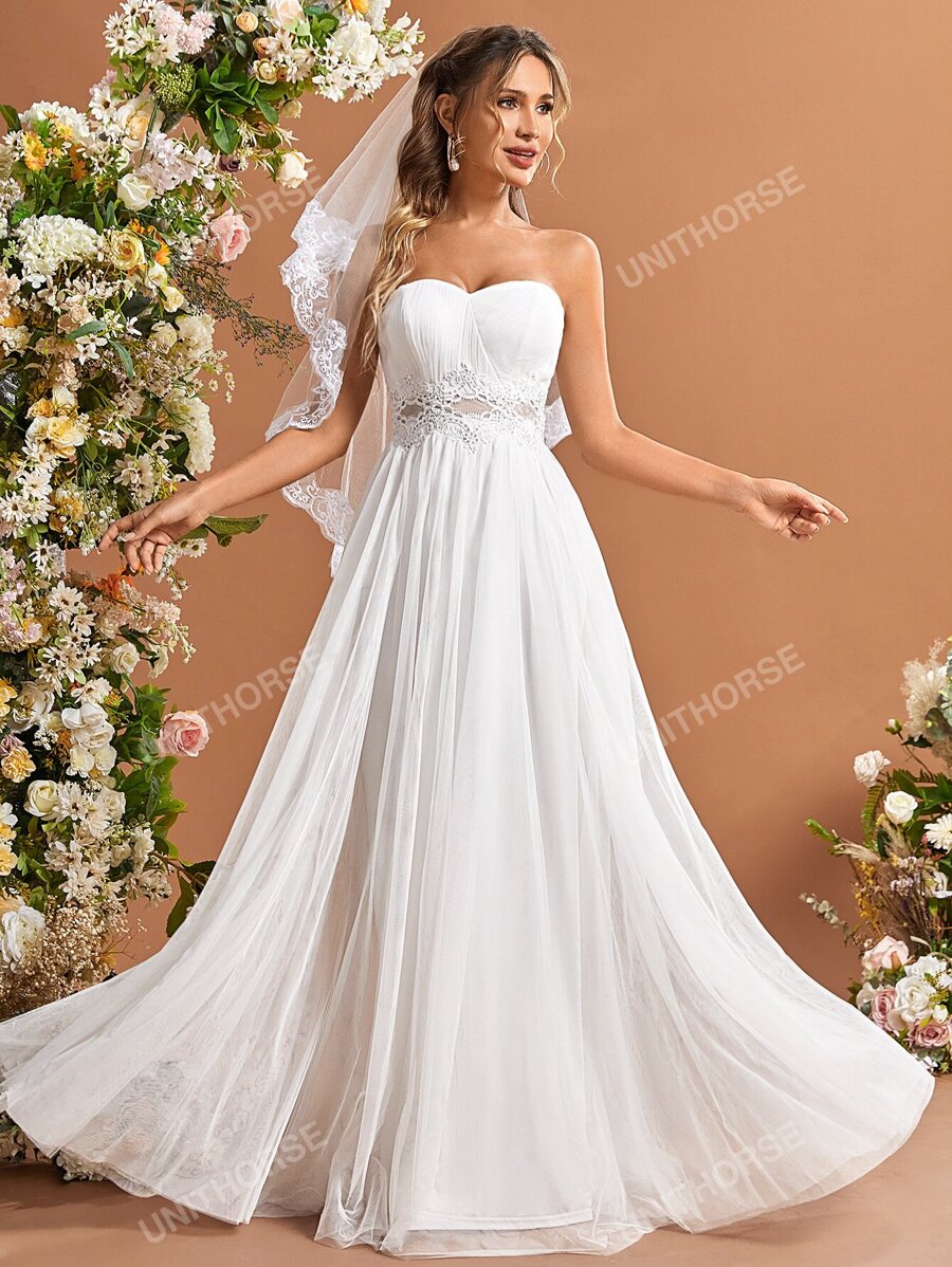 UNITHORSE Contrast Guipure Lace Mesh Tube Wedding Dress Without Veil ...