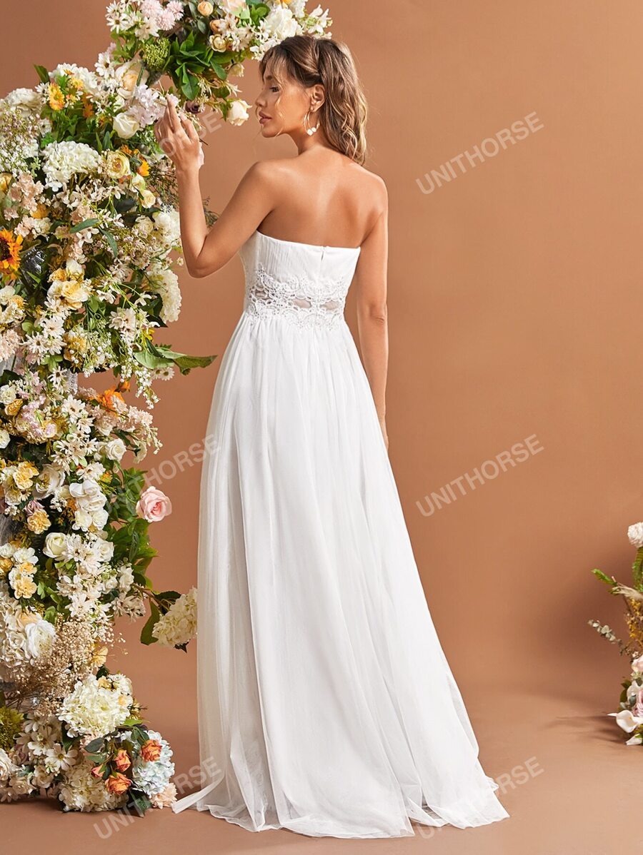 UNITHORSE Contrast Guipure Lace Mesh Tube Wedding Dress Without Veil ...