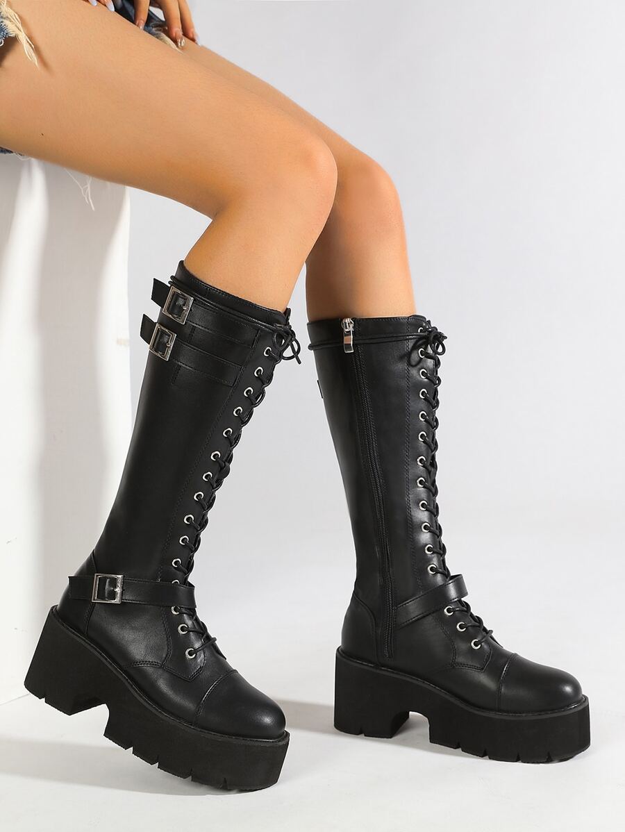 Buckle Decor Lace-up Front Platform Combat Boots | SHEIN USA
