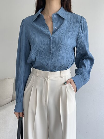 Search Button up solid blouse | SHEIN USA