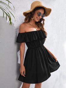 Shein Vcay Ruffle Off Shoulder Solid Dress | Shein Uk