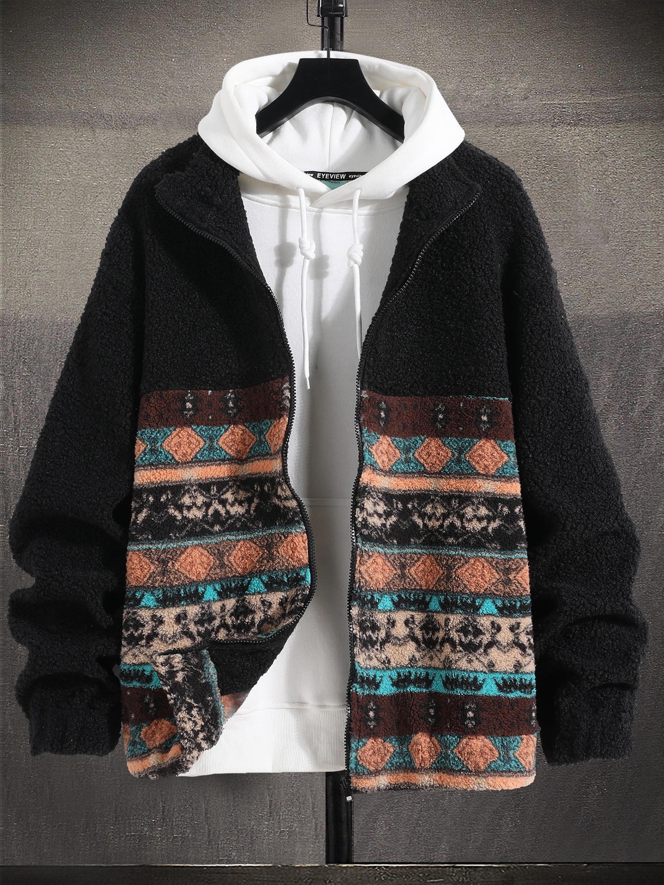 Men Geo Pattern Drop Shoulder Hooded Teddy Jacket Without Hoodie